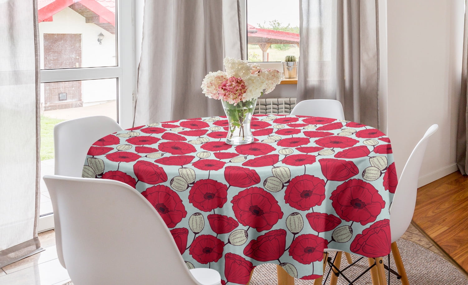 Floral Round Tablecloth, Repeating Rich Tones Poppy Flower and Buds ...