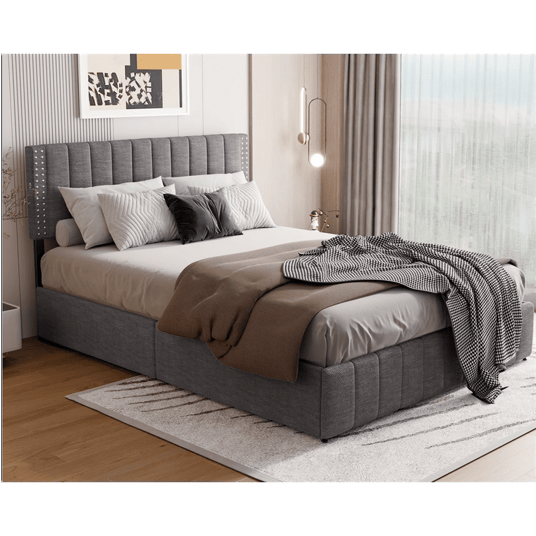 Lofka Queen Bed Frame with 4 Drawers Base Adjustable Headboard 880lbs Dark Gray Walmart