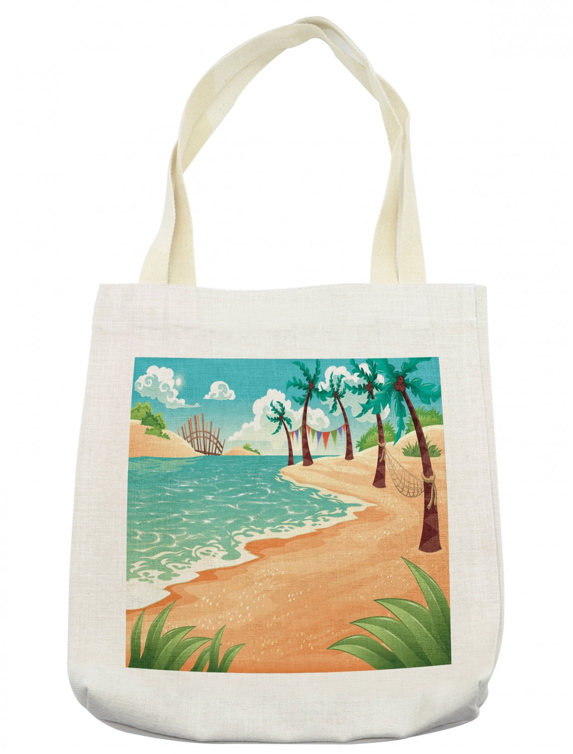 Tropical Tote Bag, Cartoon Seascape Summer with Trees Caribbean Nursery ...