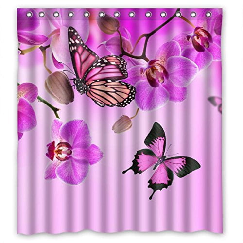 Hellodecor Butterfly Pink Flowers Shower Curtain Polyester Fabric