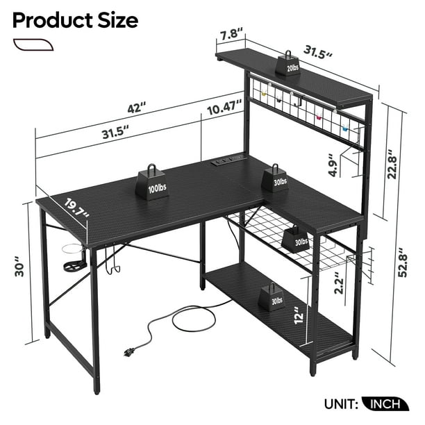 Bestier 42 L Shaped Gaming Desk with Power Outlets Computer Desk with LED Lighting 4 Tier Adjustable Shelves with Hooks Cup Holder Carbon Fiber