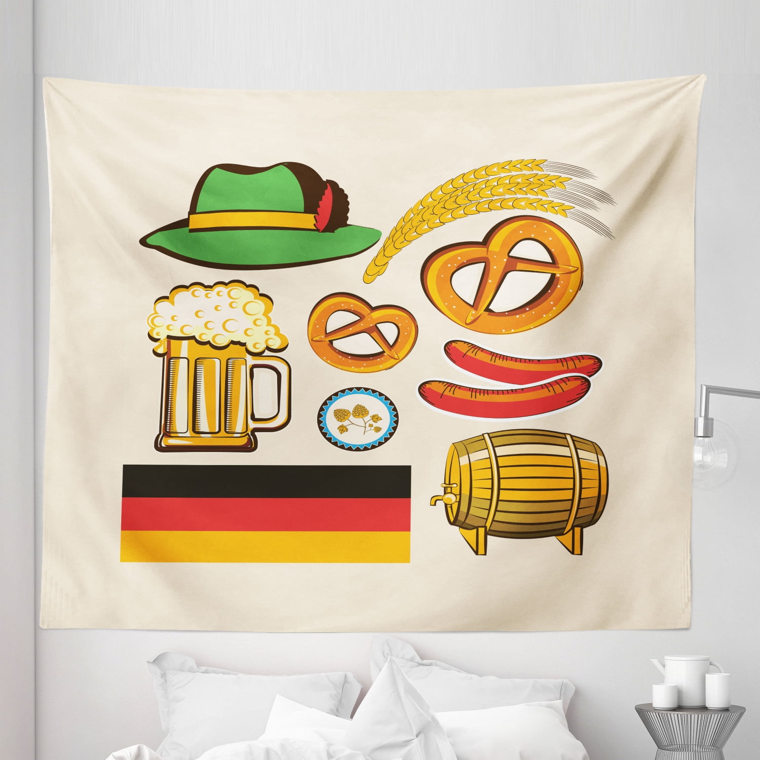 German Tapestry, Oktoberfest Wheat Sausage Beer and Pretzels Colorful ...
