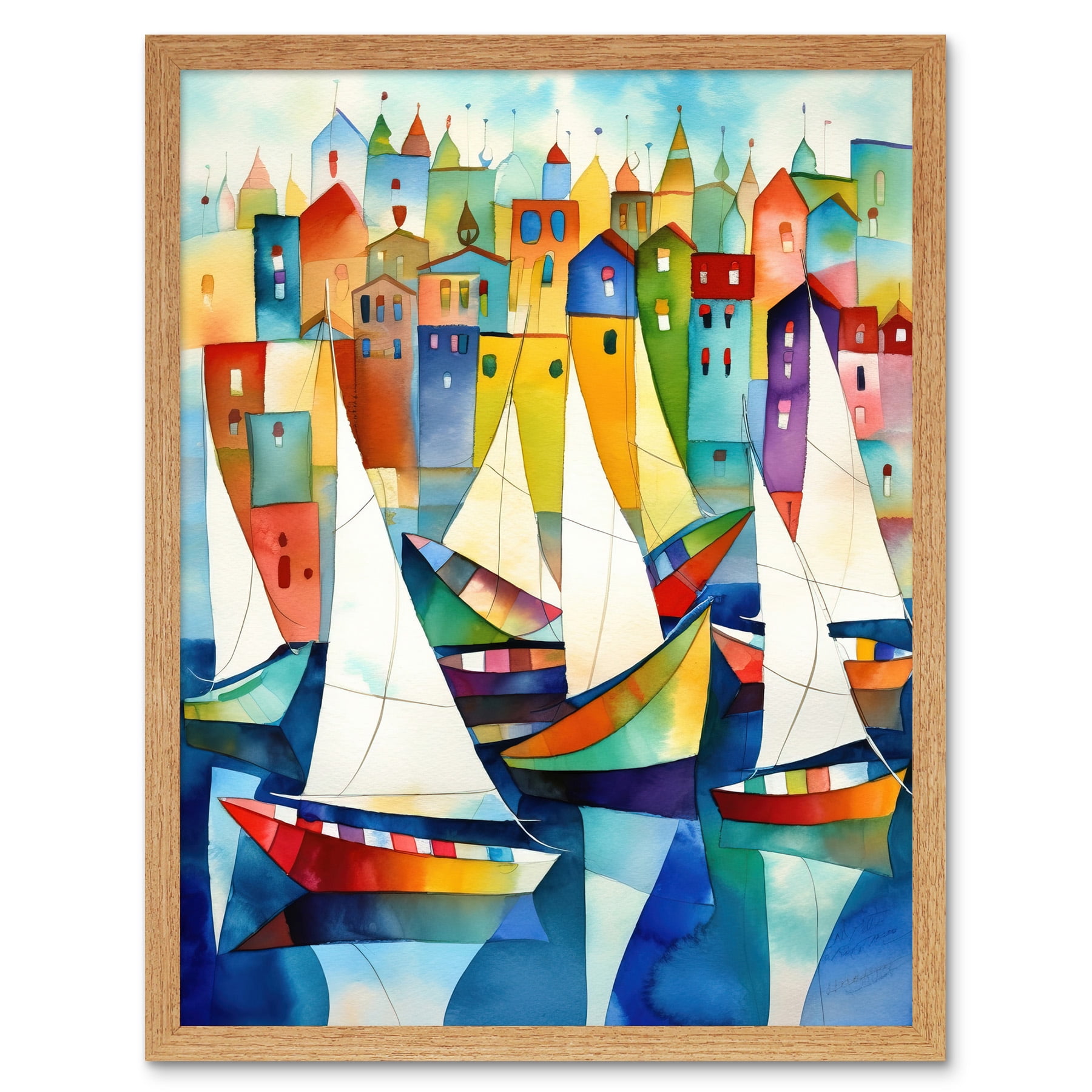 Harbour Boats Folk Art Watercolour Painting Art Print Framed Poster ...