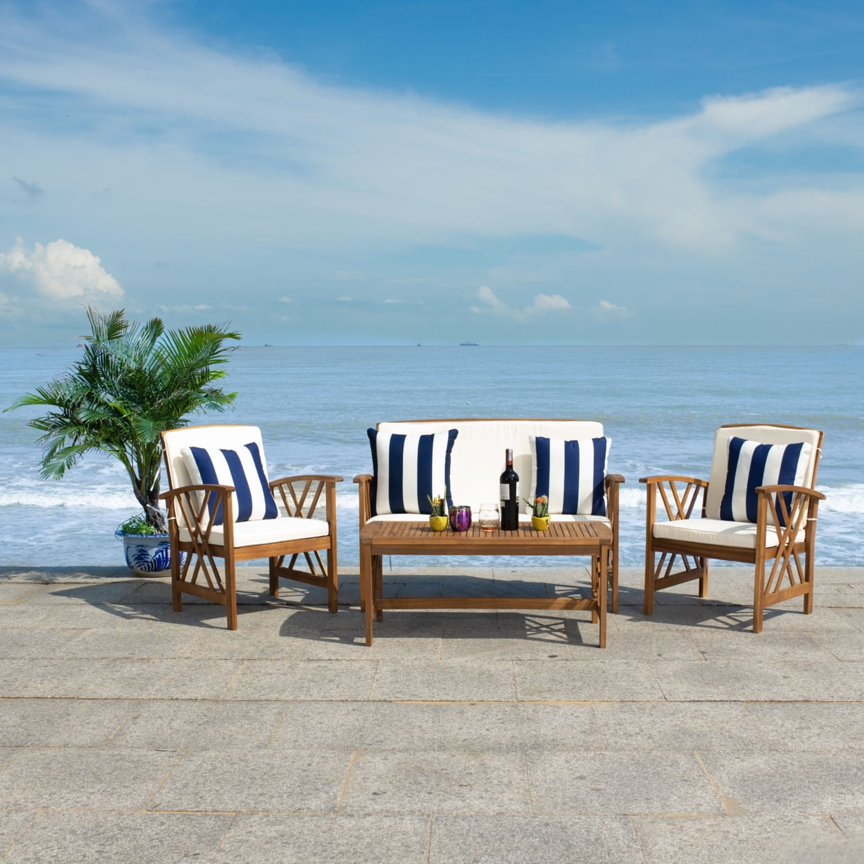SAFAVIEH Outdoor Collection Fontana 4-Piece Set Natural/Navy White ...
