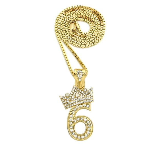 Stone Stud Tilded Crown Number Pendant with 2mm 24" Box Chain Necklace ...
