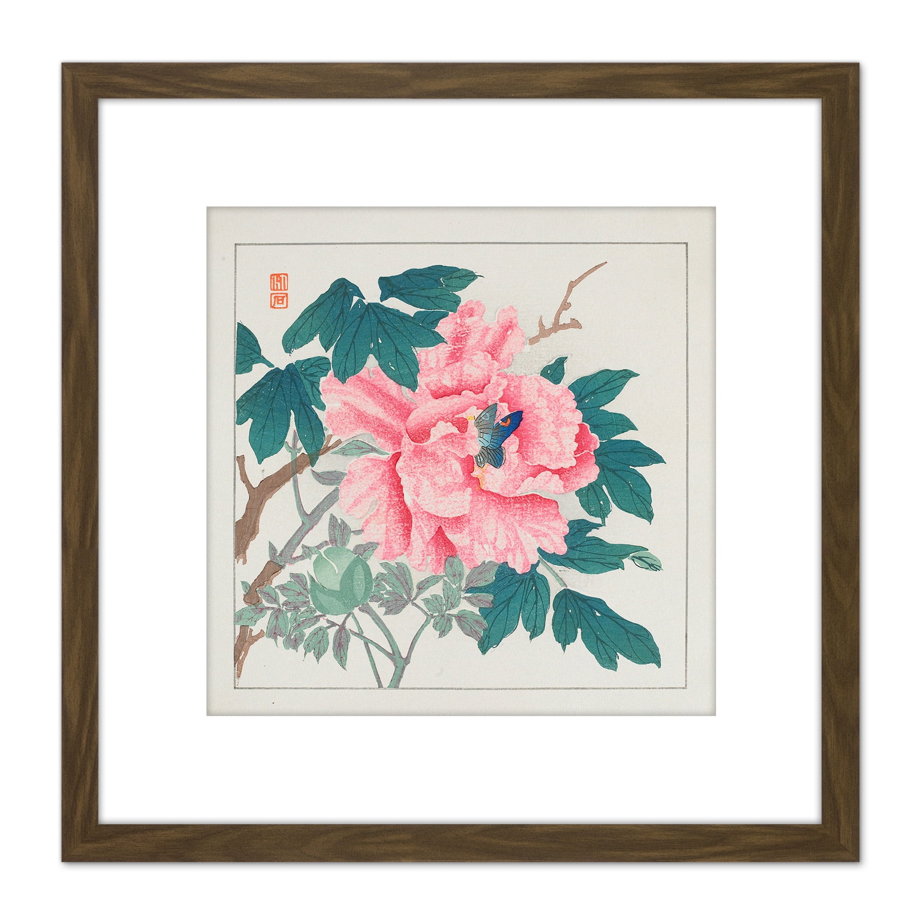Peony 1930s Chikuseki Flower 8X8 Inch Square Wooden Framed Wall Art ...