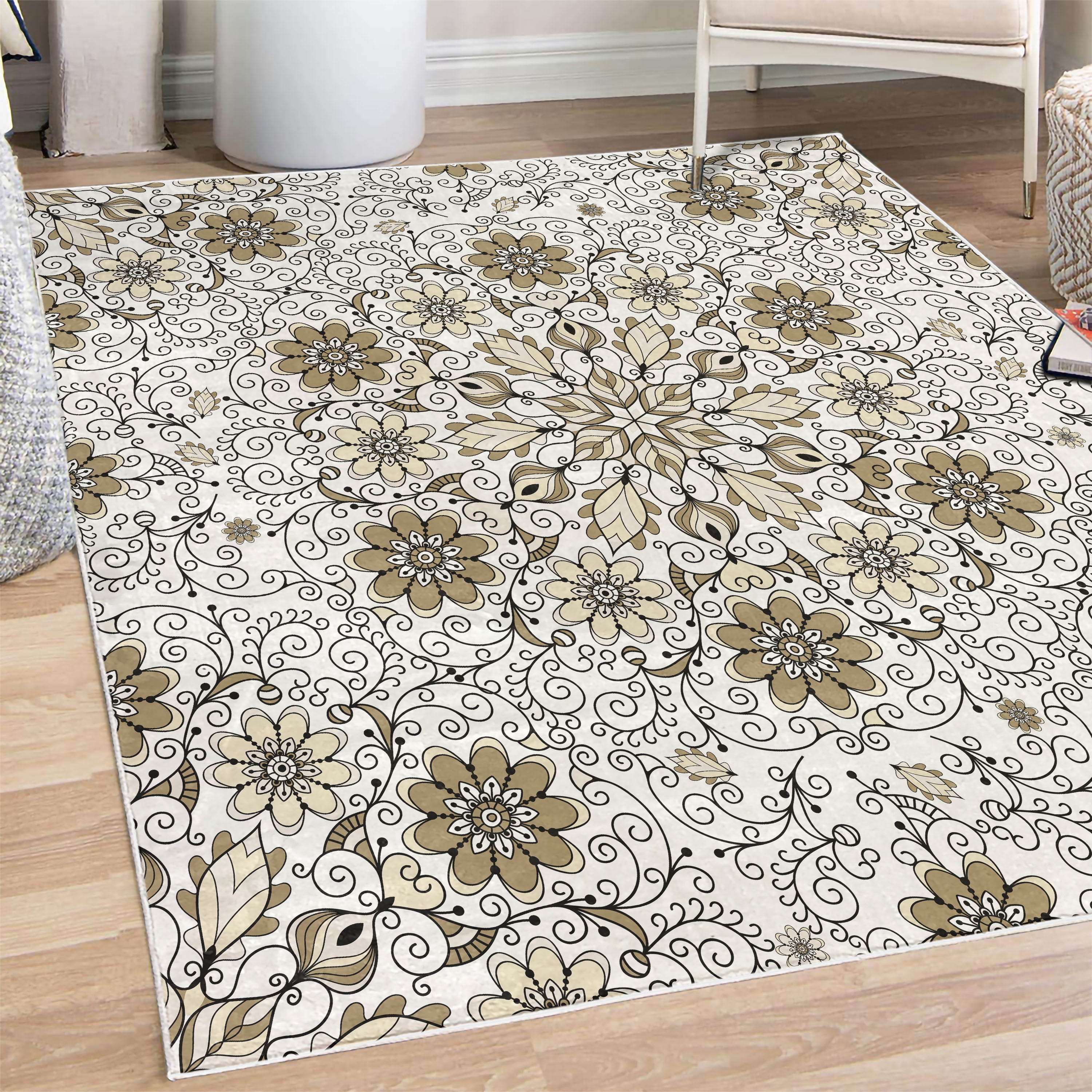 Ethnic Decorative Rug, Vintage Abstract Flower Swirls Leaves Doily ...