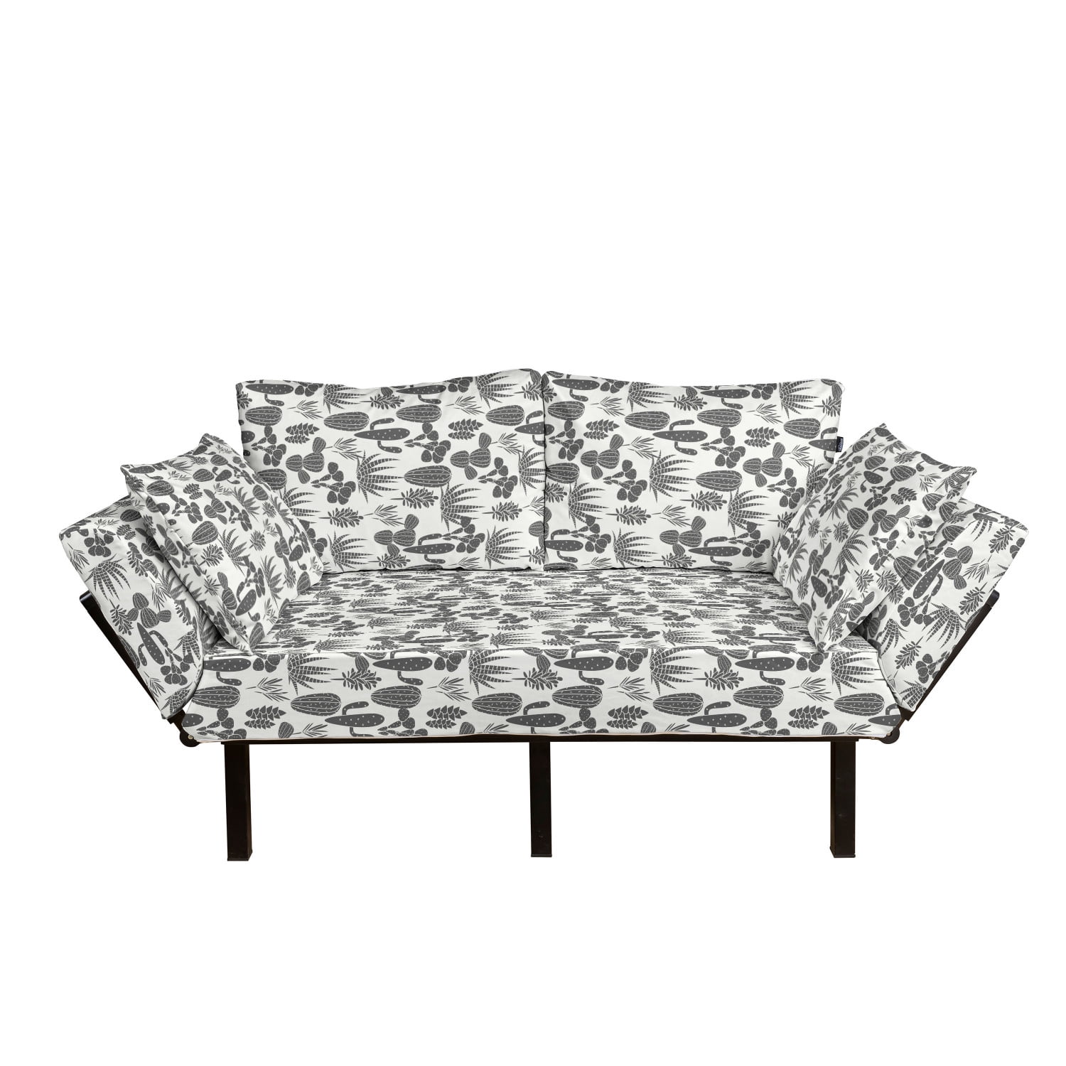Cactus Futon Couch, Pattern of Cacti Plant Silhouettes Greyscale ...