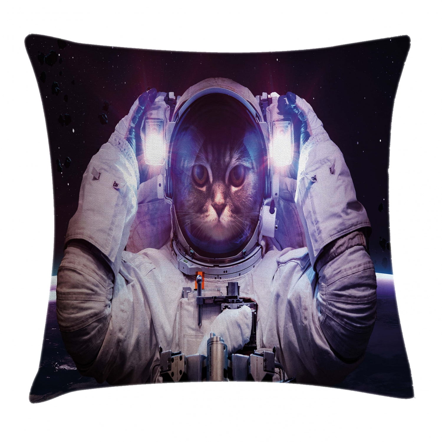 Space Cat Throw Pillow Cushion Cover, Kitty in Cosmonaut Suit in Galaxy ...