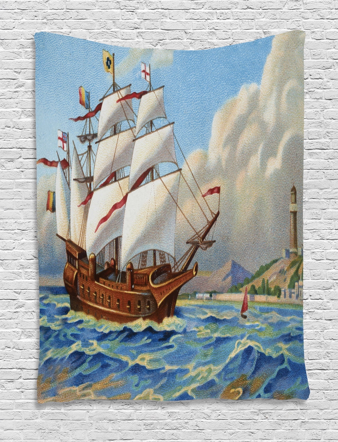 Vintage Boat Tapestry, Ancient Ship Sailing Historical Theme Wavy Sea ...