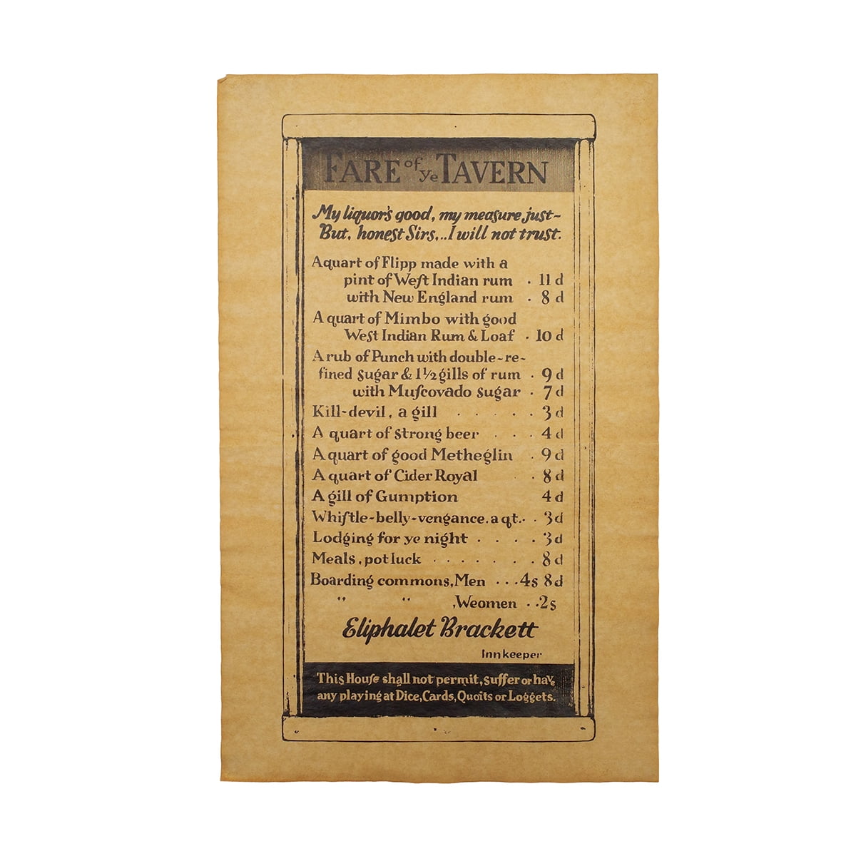 Tavern Fare Parchment Paper Pub Menu Beer Poster Sign Bar Room Western ...