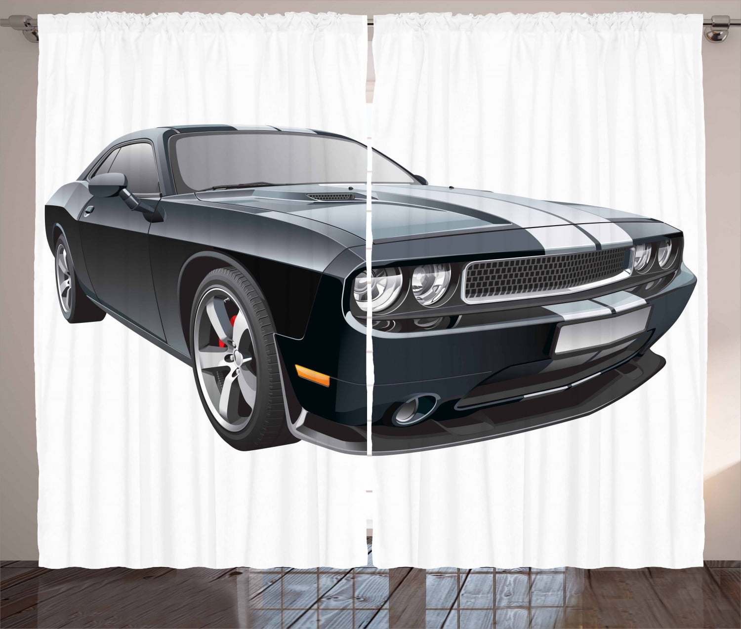 Cars Curtains 2 Panels Set, Black Modern Pony Car with White Racing ...