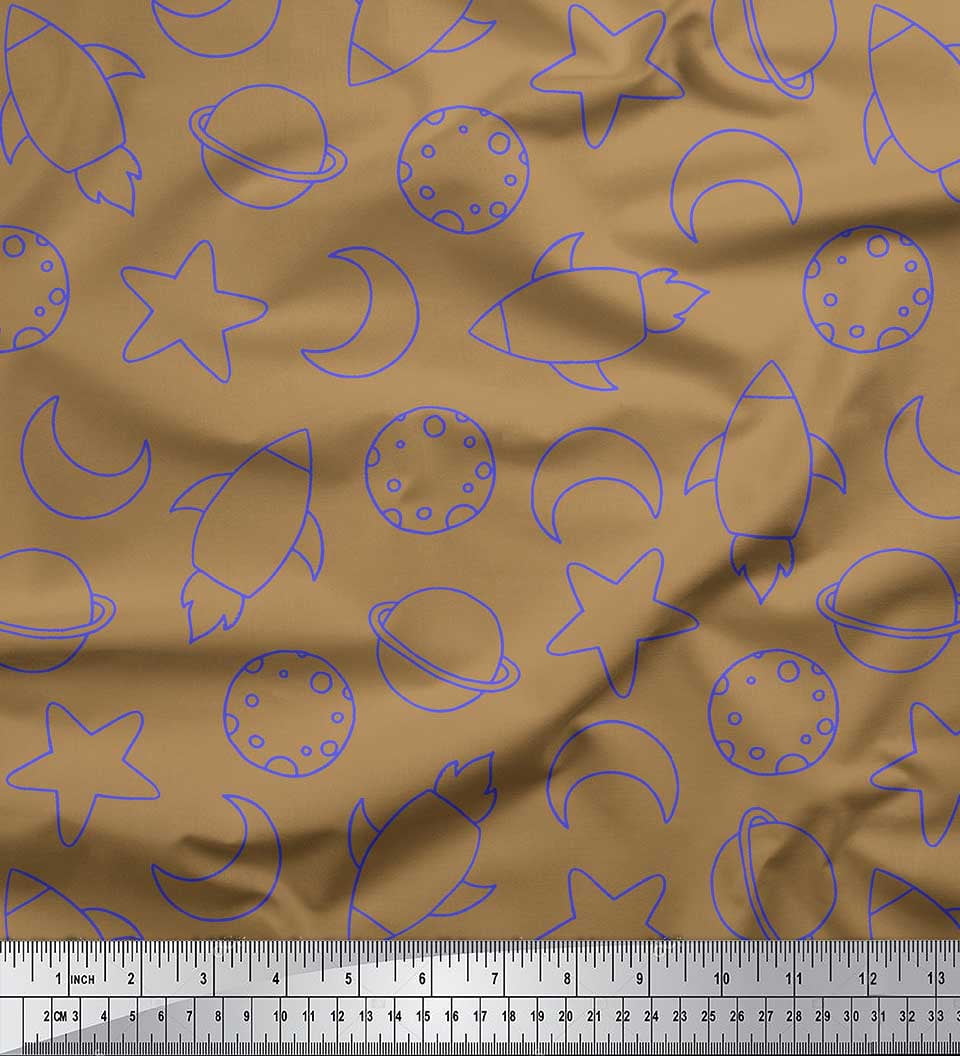 Soimoi Brown Japan Crepe Satin Fabric Planet & Stars Galaxy Fabric ...