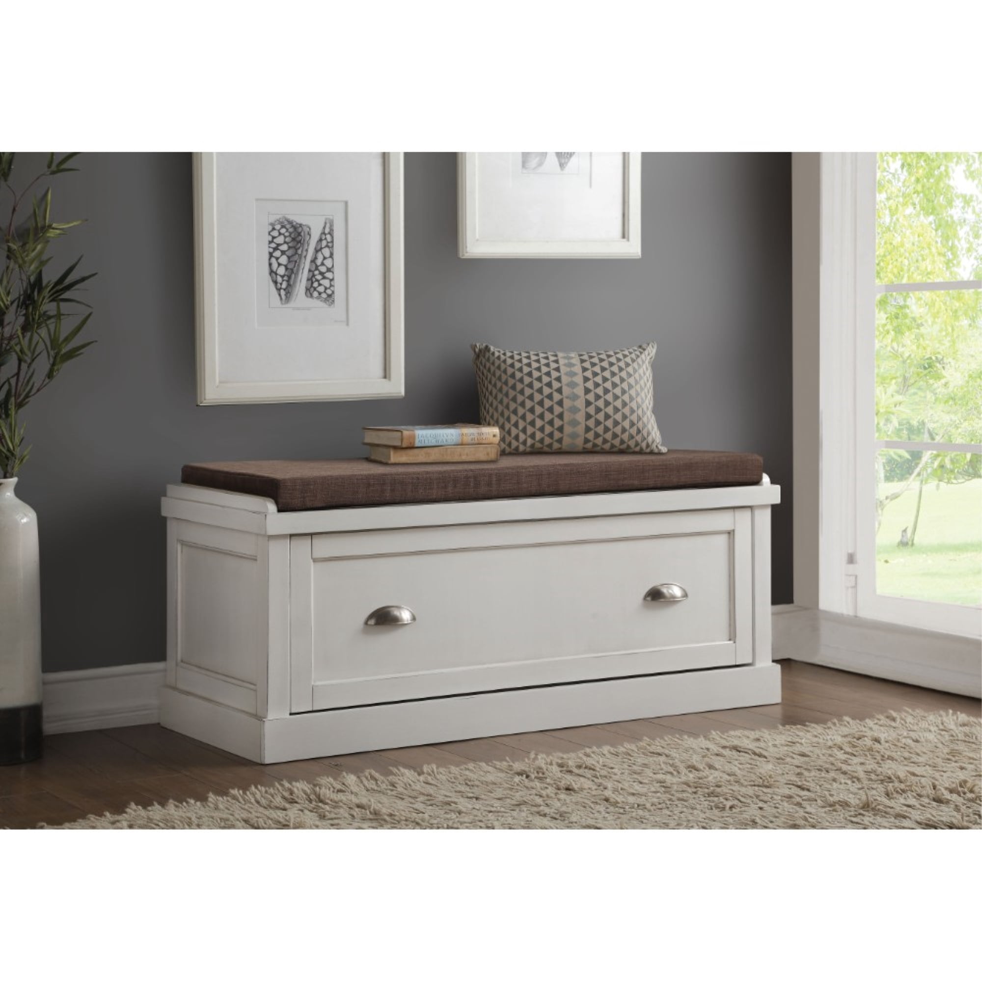 Wooden Bench With Fabric Upholstered Seat Cushion Storage Drawer Wooden Bench With Fabric Upholstered Seat Cushion Storage Drawer