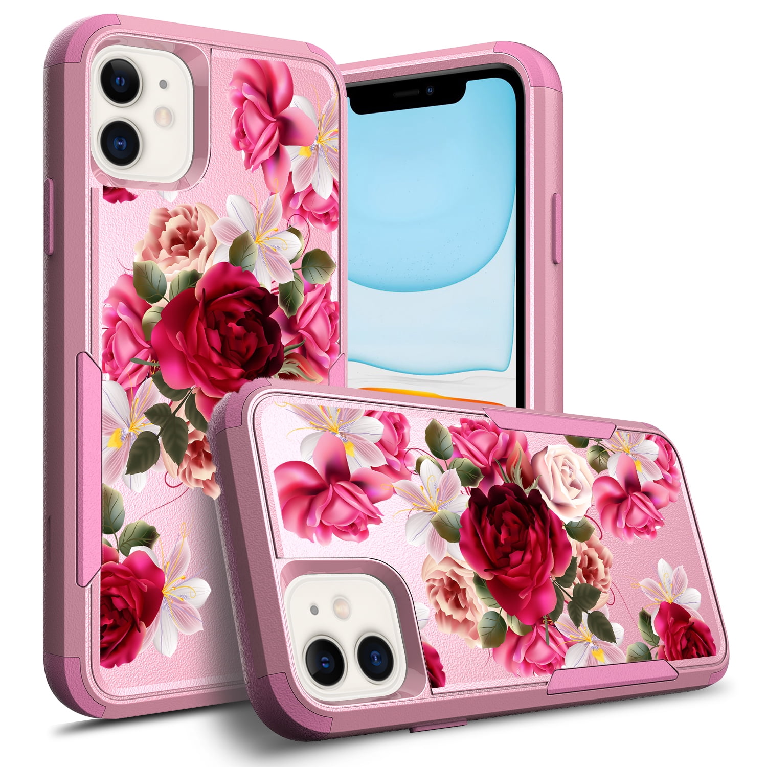 iPhone 11 Case , [ Red Floral Rose ] Shockproof Heavy Duty Armor ...