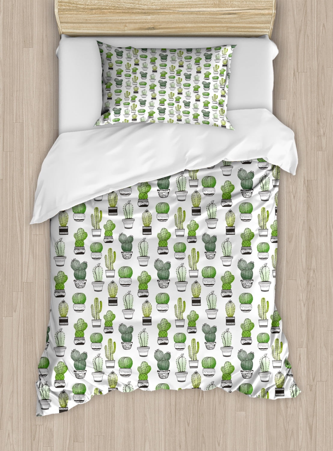Cactus Duvet Cover Set Twin Size, Hand Drawn Foliage Pattern with ...