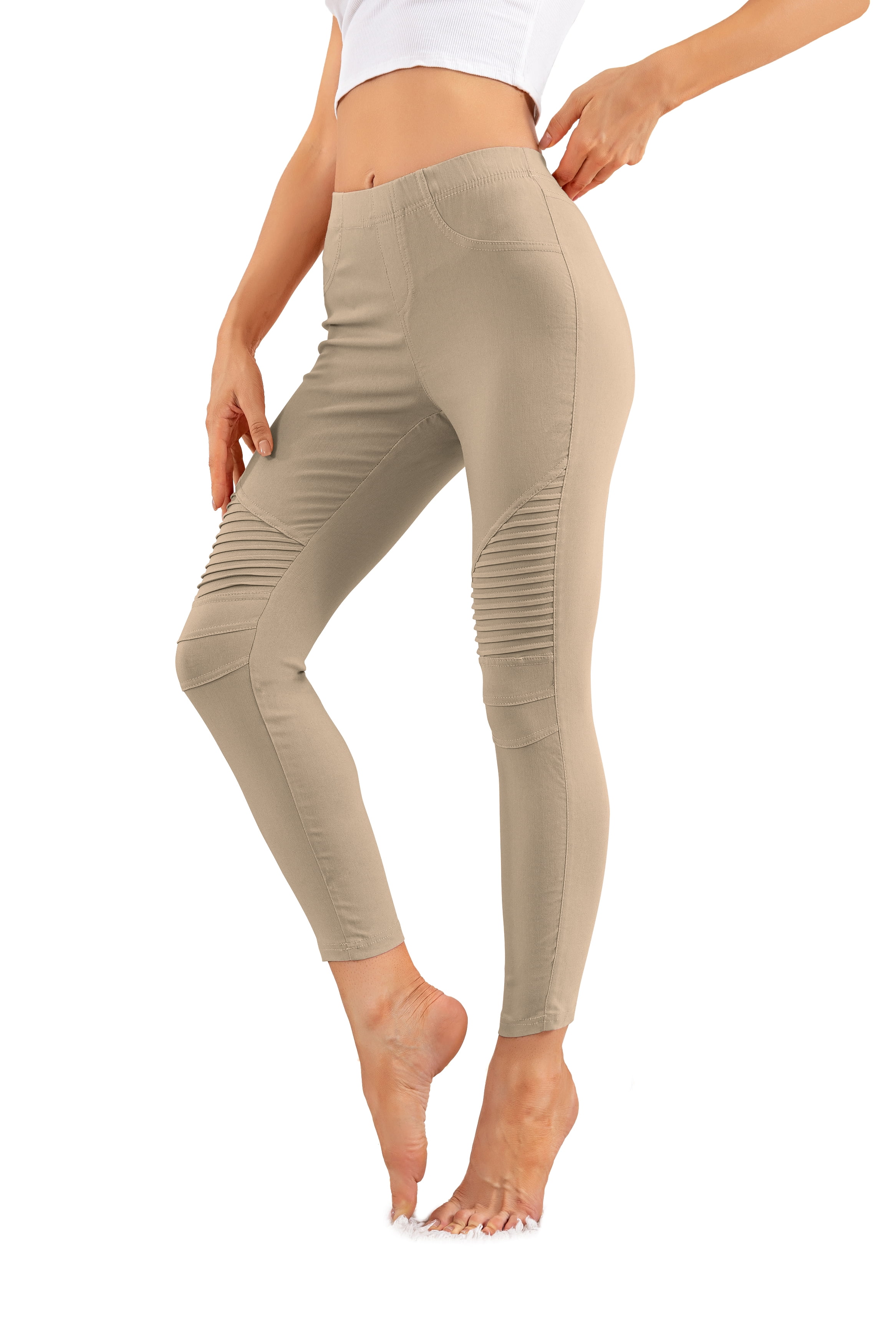CALIPESSA Womens Khaki Crease Detail Skinny Leggings Elastic Waist ...