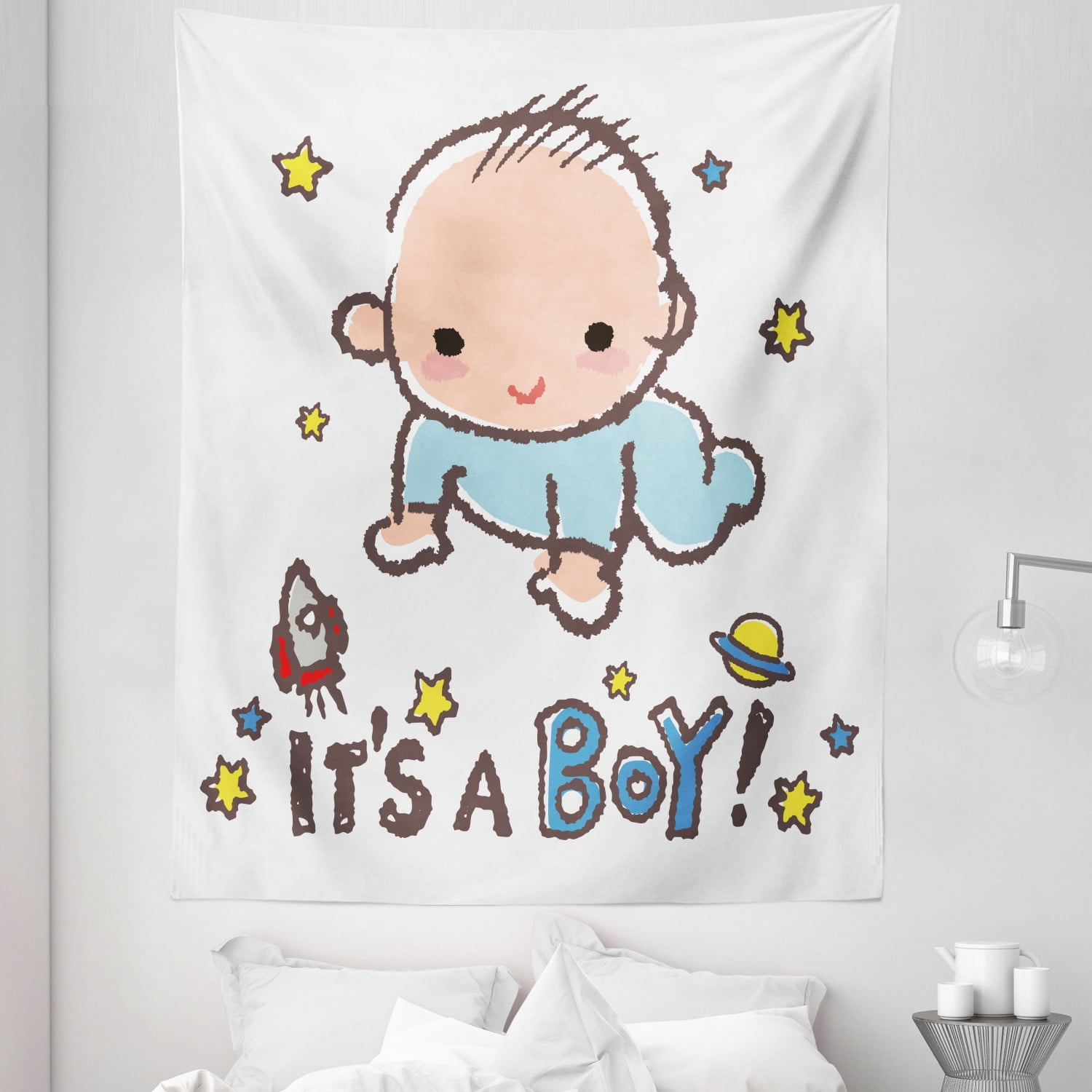 Cartoon Tapestry, Little Boy Smiling with Stars Rocket Space Cartoon ...