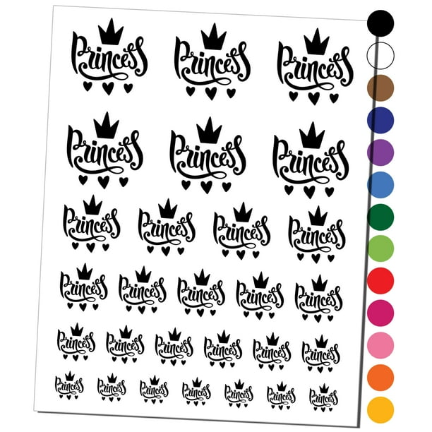 Princess Cursive with Crown and Hearts Water Resistant Temporary Tattoo ...