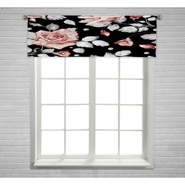 EREHome pink roses on black floral Window Curtain Valance Rod Pocket ...