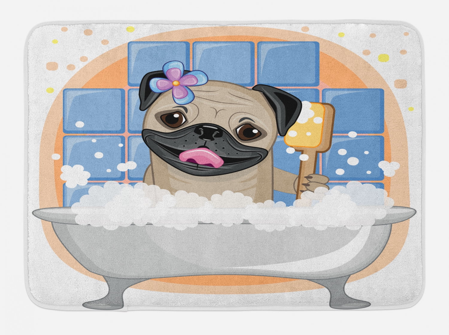 Pug Bath Mat, Caricature of a Dog Having Bath Bubbles Colorful Flower ...