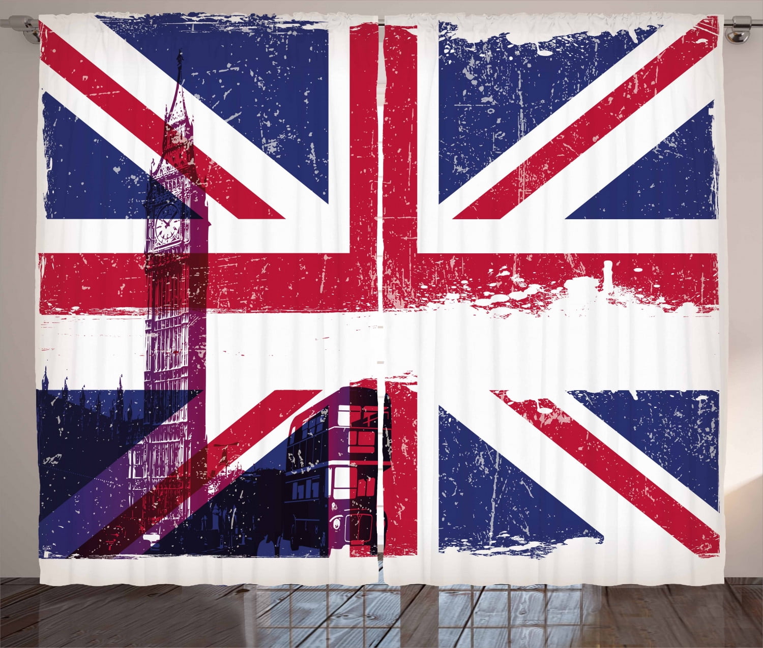 Union Jack Curtains 2 Panels Set, Grungy Aged UK Flag Big Ben Double ...