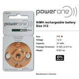 Power One ACCU Plus P312 Zinc Rechargeable Hearing Aid Batteries, 1 ...
