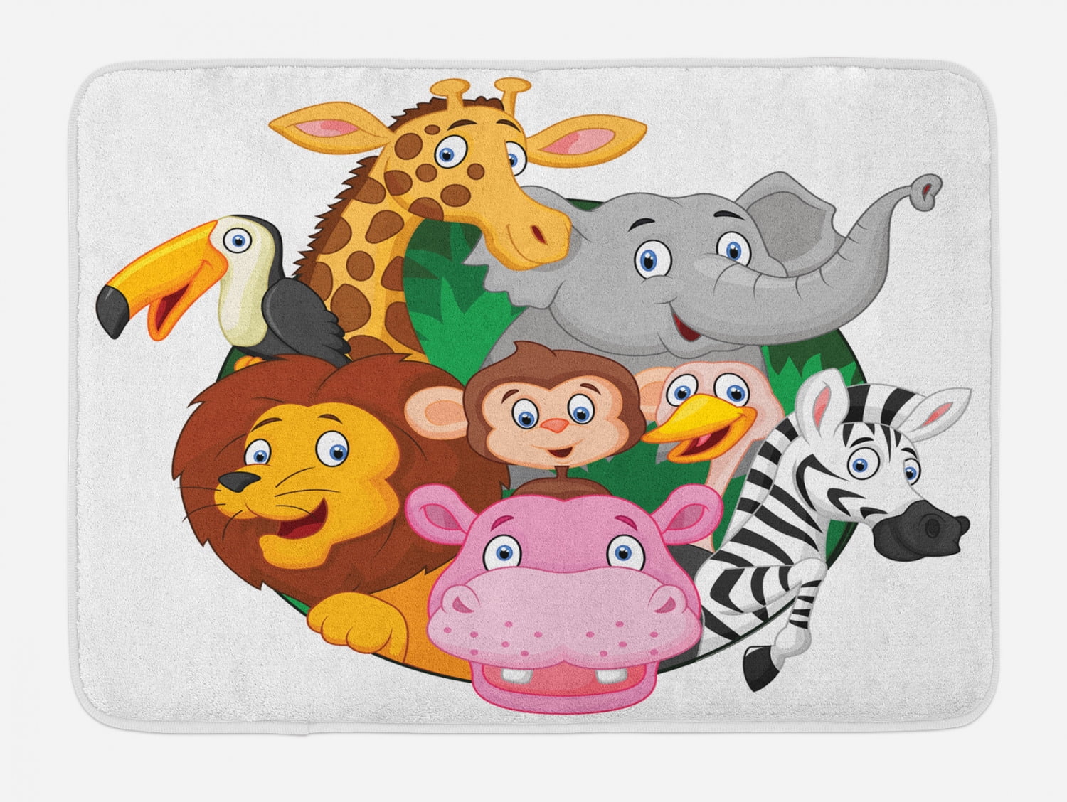 Cartoon Bath Mat, Exotic Safari Animals All Together Comic Creature ...