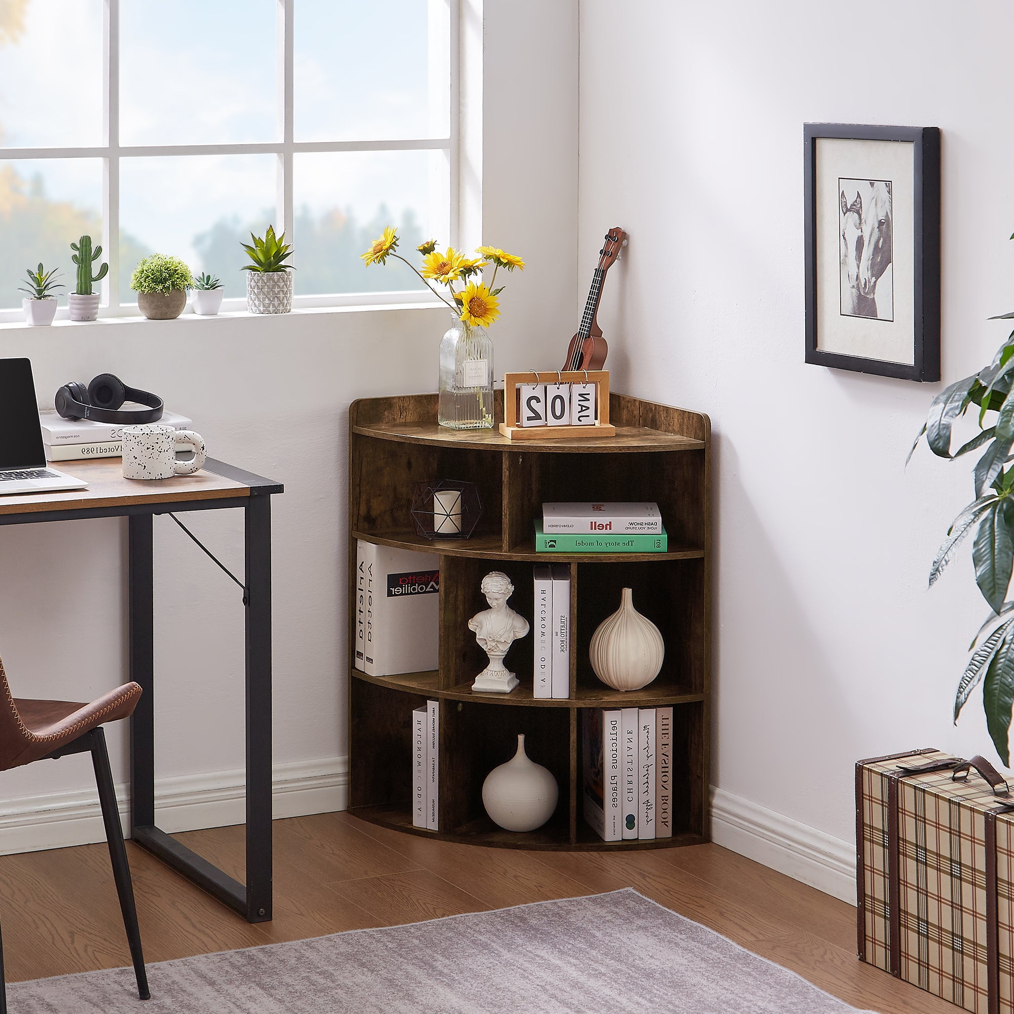 VECELO 4-Tier Corner Cabinet, Wooden Bookcases Bookshelf with 8-Cubby ...