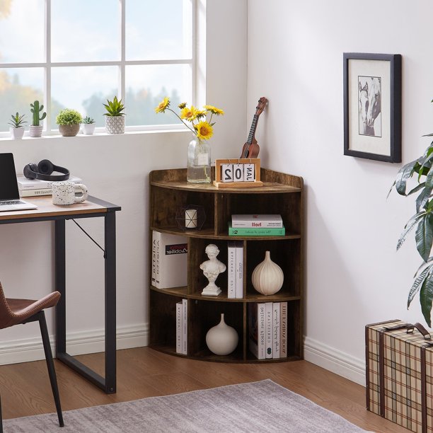 VECELO 4-Tier Corner Cabinet, Wooden Bookcases Bookshelf with 8-Cubby ...