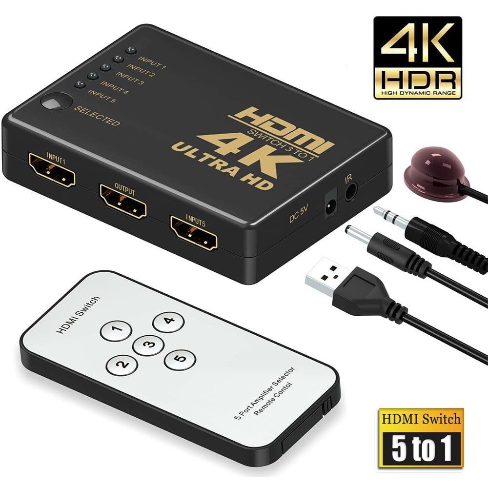 HDMI Switch,5 Port 4K HDMI Switch Splitter with Pigtail Cable Supports ...