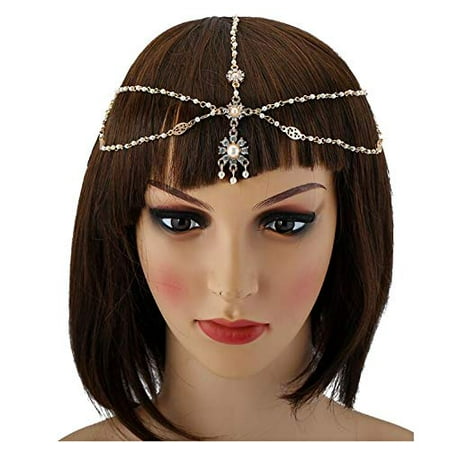 Vintage Crystal Head Chain Rhinestone Pearl Headpiece Layered Gold Head ...