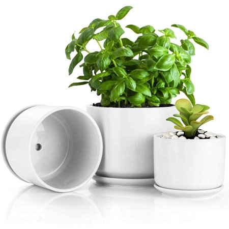 BUYMAX 4.2+5.2+6.2 inch Glazed Plant Pots with Connected Saucers, Round ...