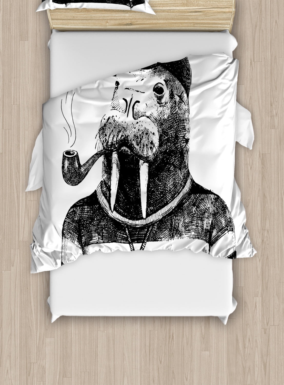 Contemporary Twin Size Duvet Cover Set, Sketch Artwork of a Walrus with ...