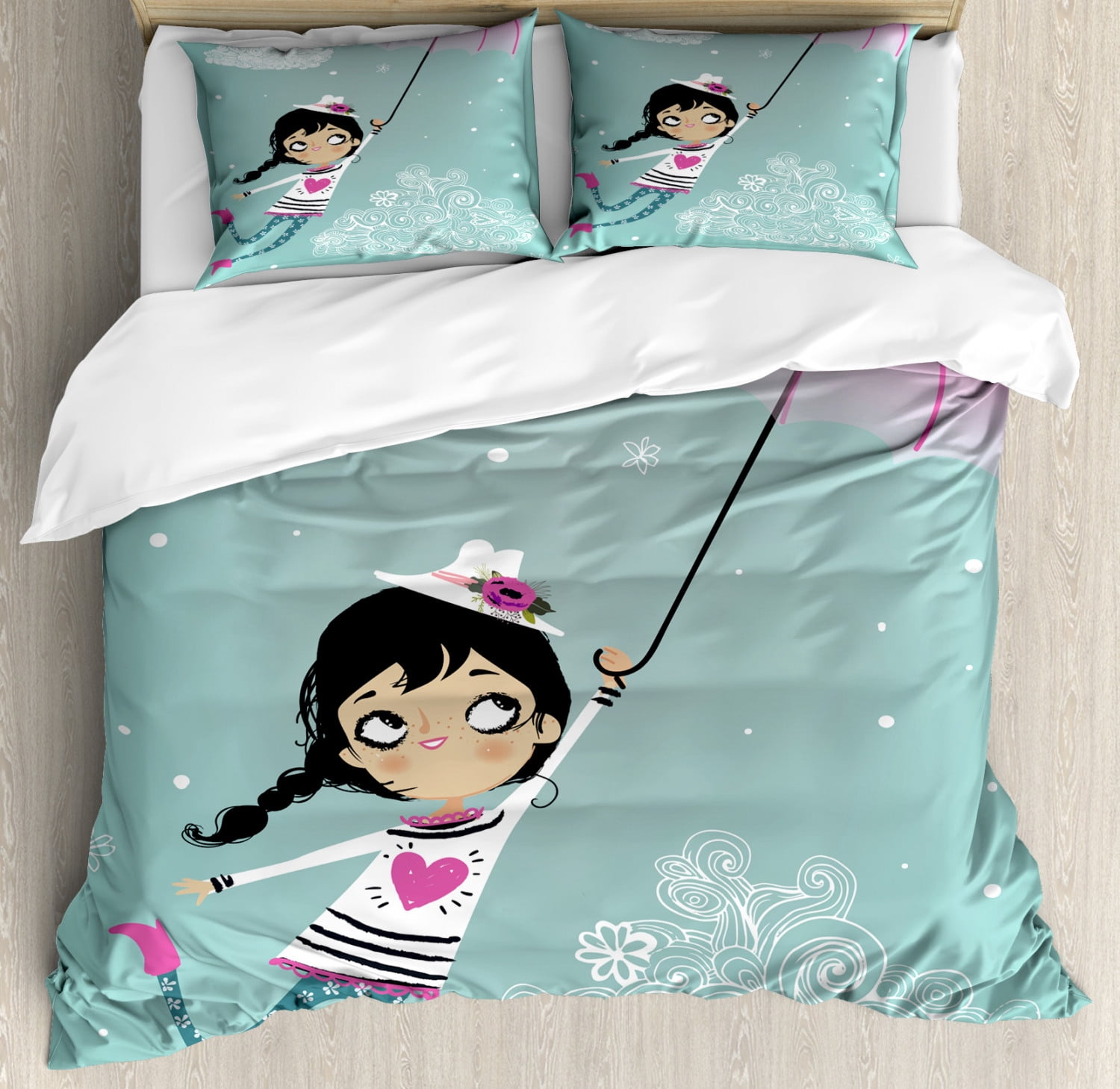 Girls King Size Duvet Cover Set, Flying Girl with a Pink Umbrella and a ...