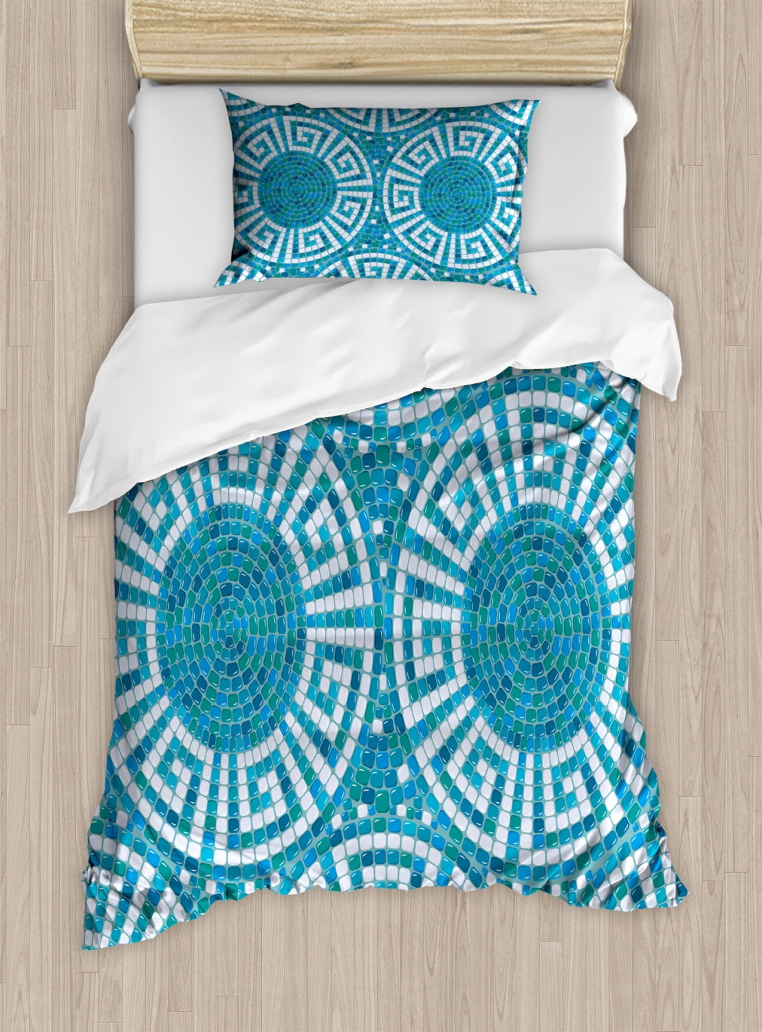 Aqua Twin Size Duvet Cover Set, Greek Meander Mosaic Pattern Classical ...