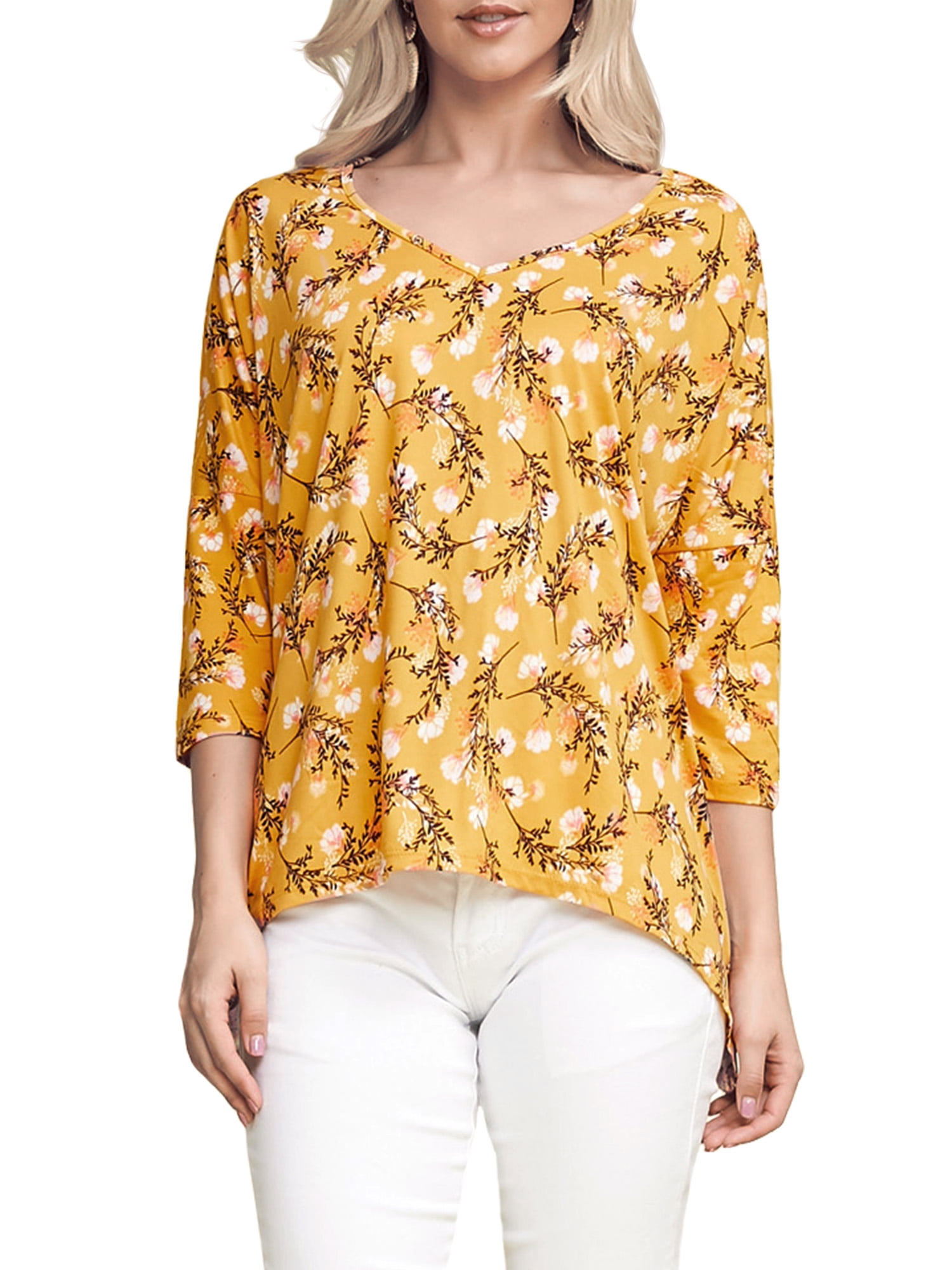 Doublju Women's 3/4 Sleeve Shark Bite Hem V-Neck Top with Plus Size ...