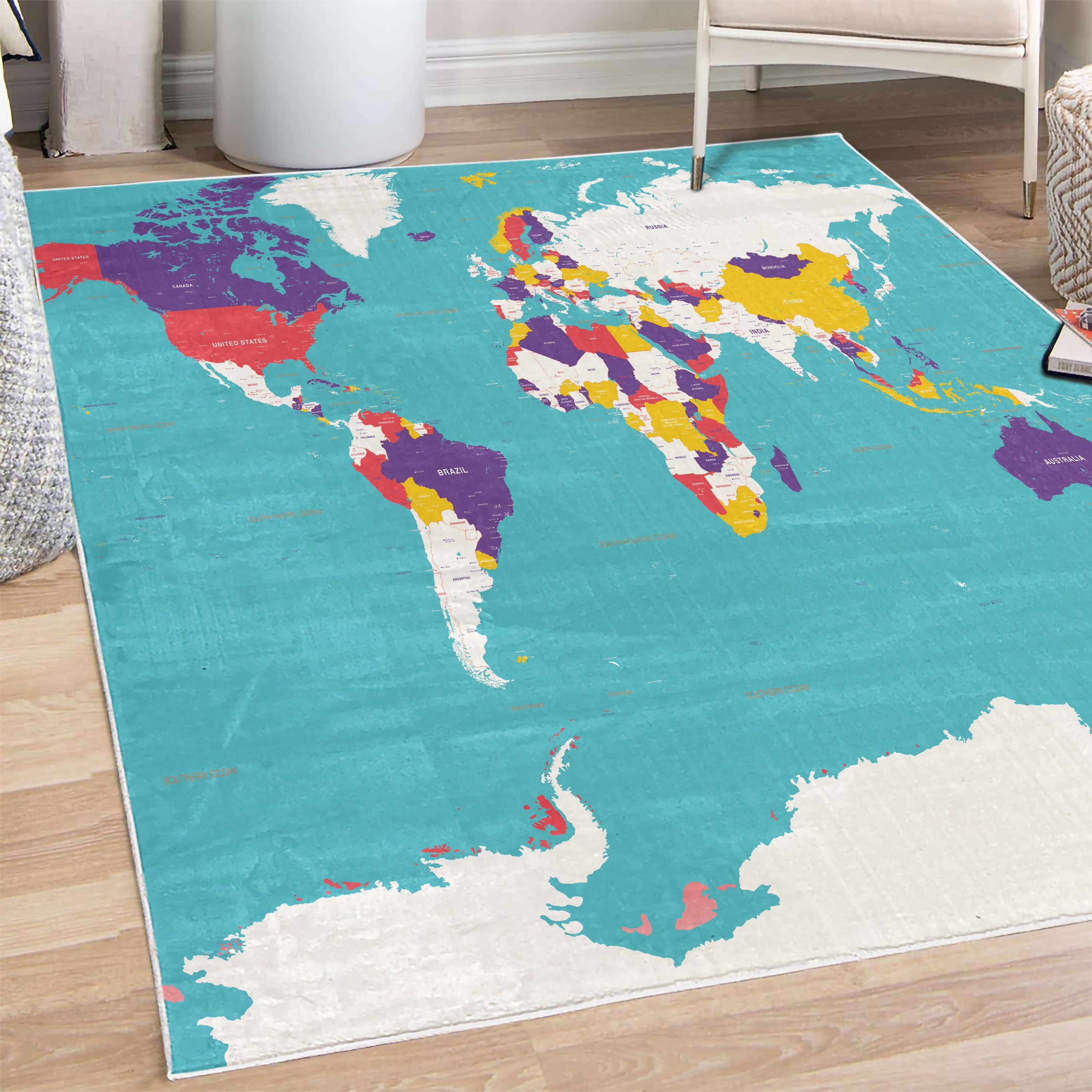 Earth Decorative Rug, Detailed World Map with All Countries Major ...