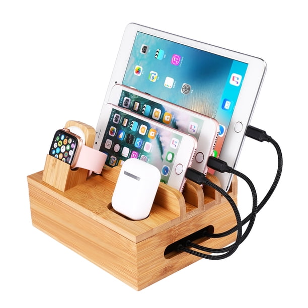 Bamboo Wood Desktop Organizer Charging Docking Station Charger Holder ...