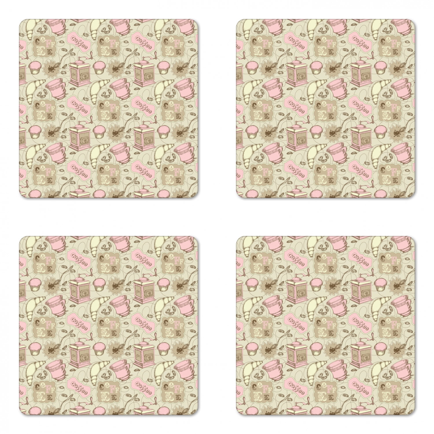 Cartoon Coaster Set of 4, Abstract Modern Image of Tea Pots Cups Cakes ...