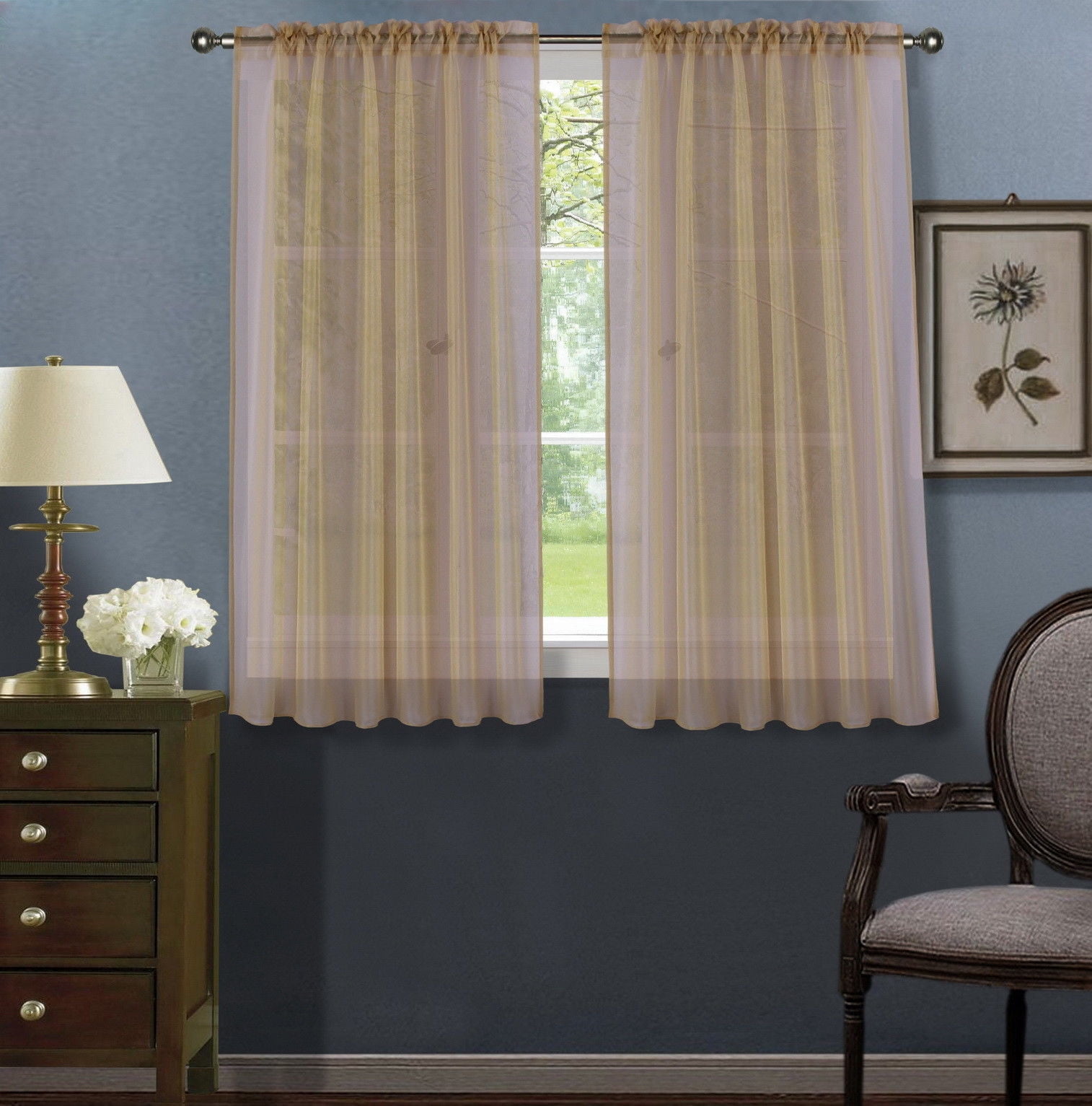 2pc Gold Solid Sheer Voile Window Curtain Set Two 2 Rod Pocket