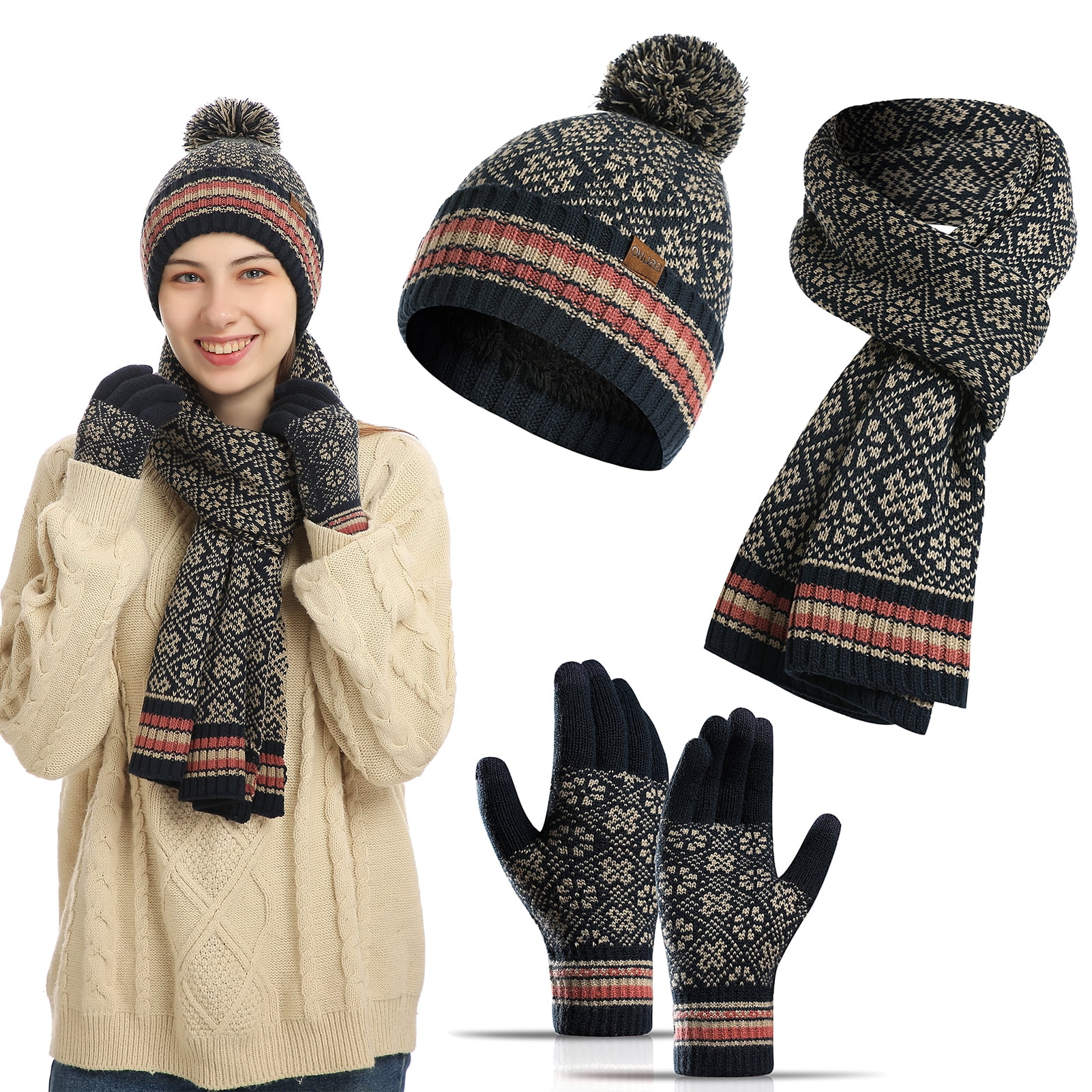 3Pcs Winter Hat Scarf and Touchcreen Gloves for Women Knit Beanie Hat ...