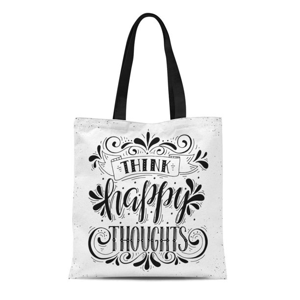 NUDECOR Canvas Tote Bag Drawn Think Happy Thoughts Inspirational Hand ...