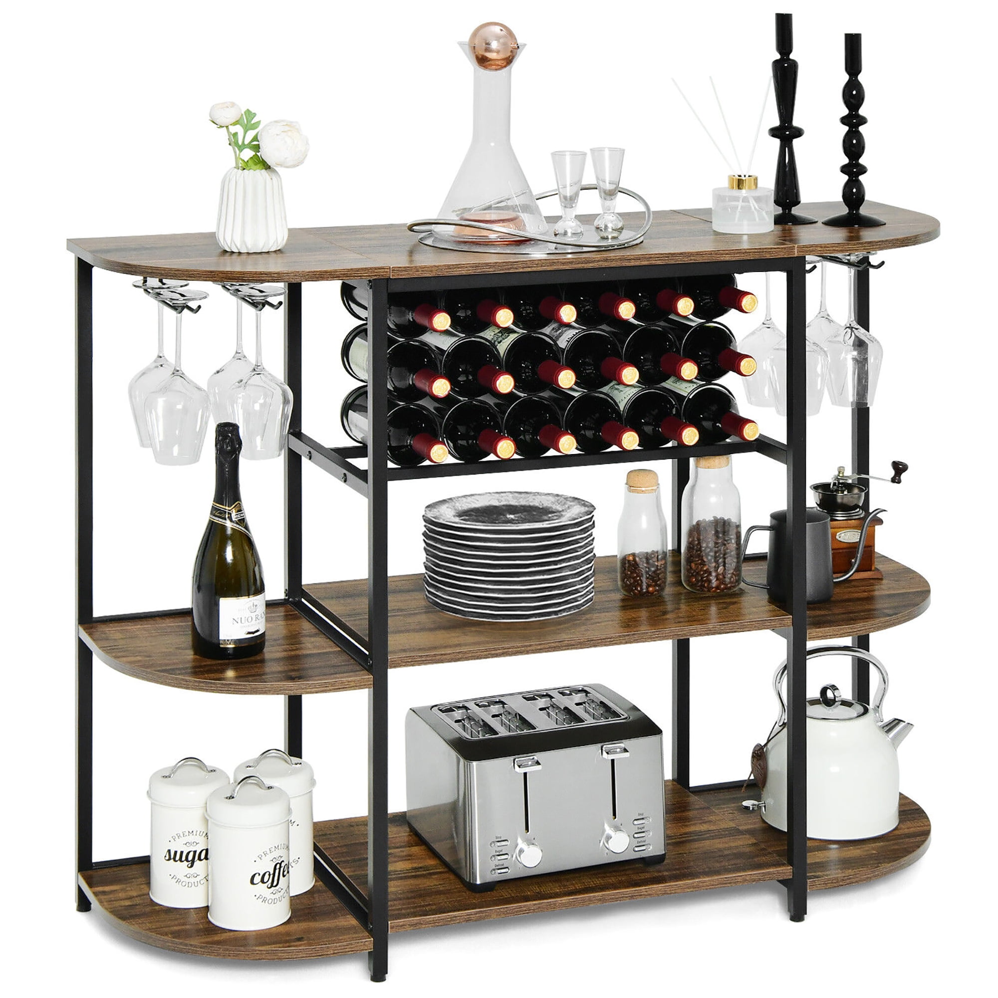 Gymax Wine Rack Table Coffee Bar Cabinet Freestanding Liquor Stand ...