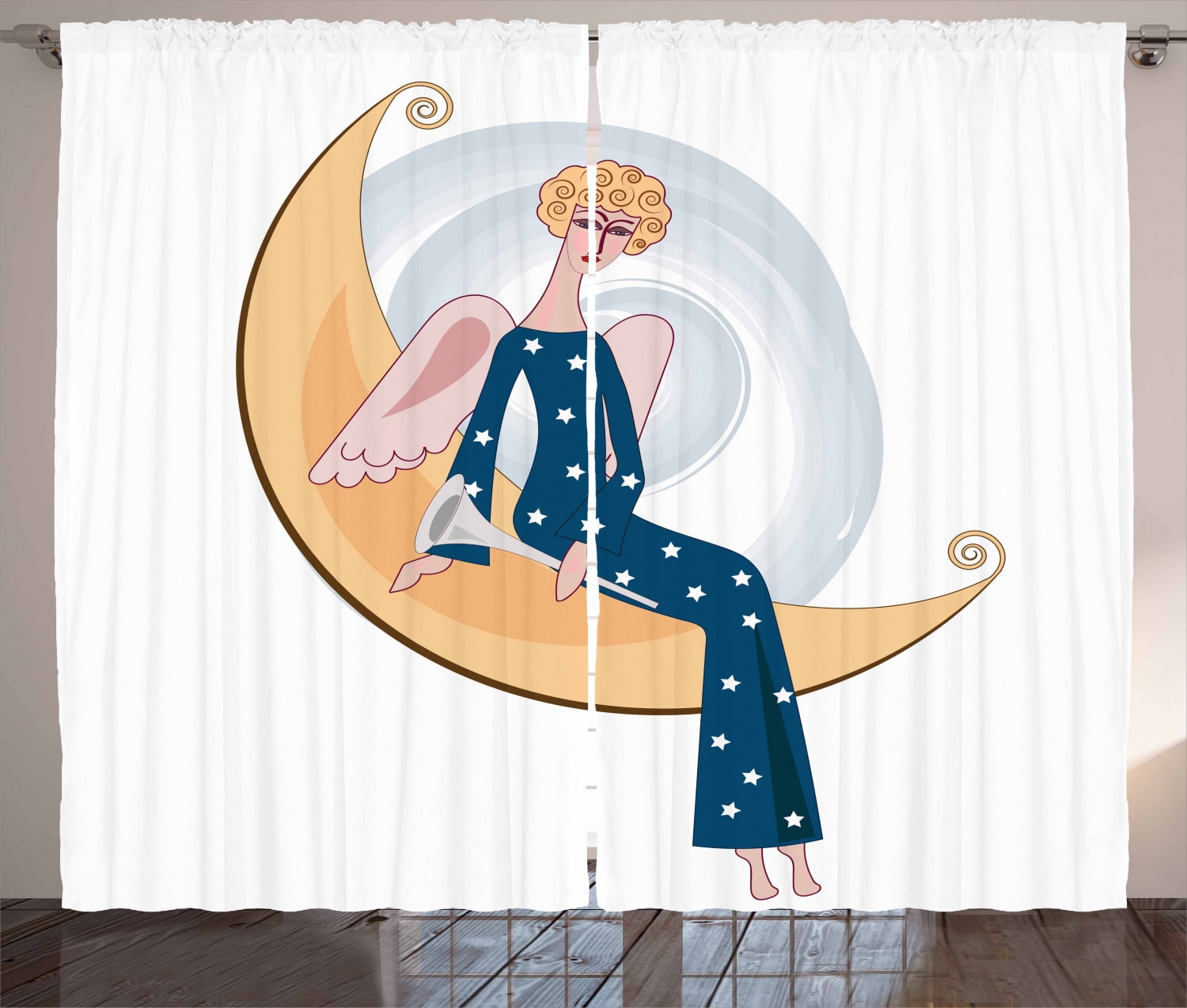 Angel Wings Curtains 2 Panels Set, Archaic Woman with Trumpet Sitting ...