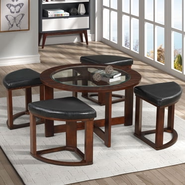 5-Piece Espresso Coffee Table Set - Modern Round Table with 4 ...