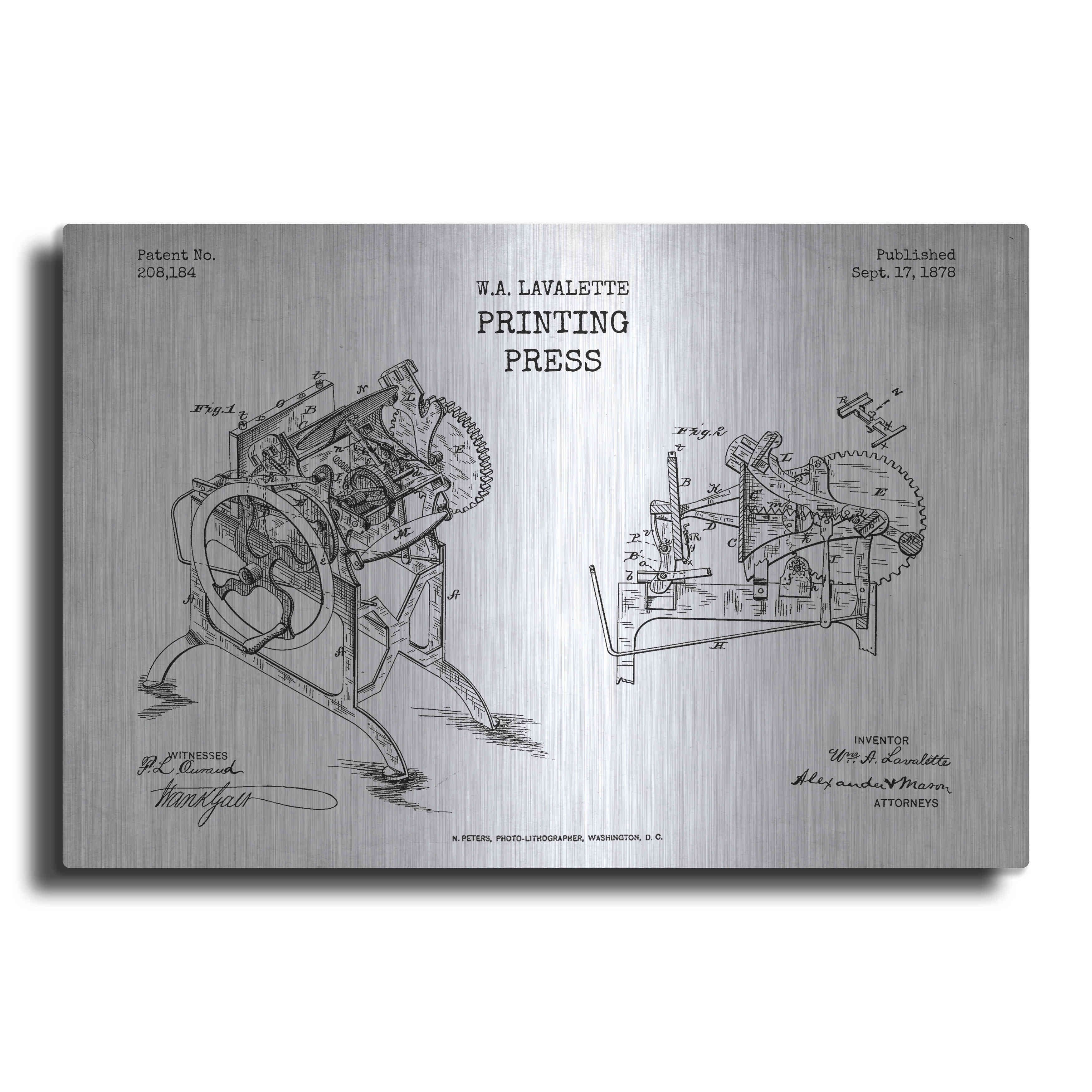 Luxe Metal Art 'Printing Press Blueprint Patent White' Metal Wall Art ...