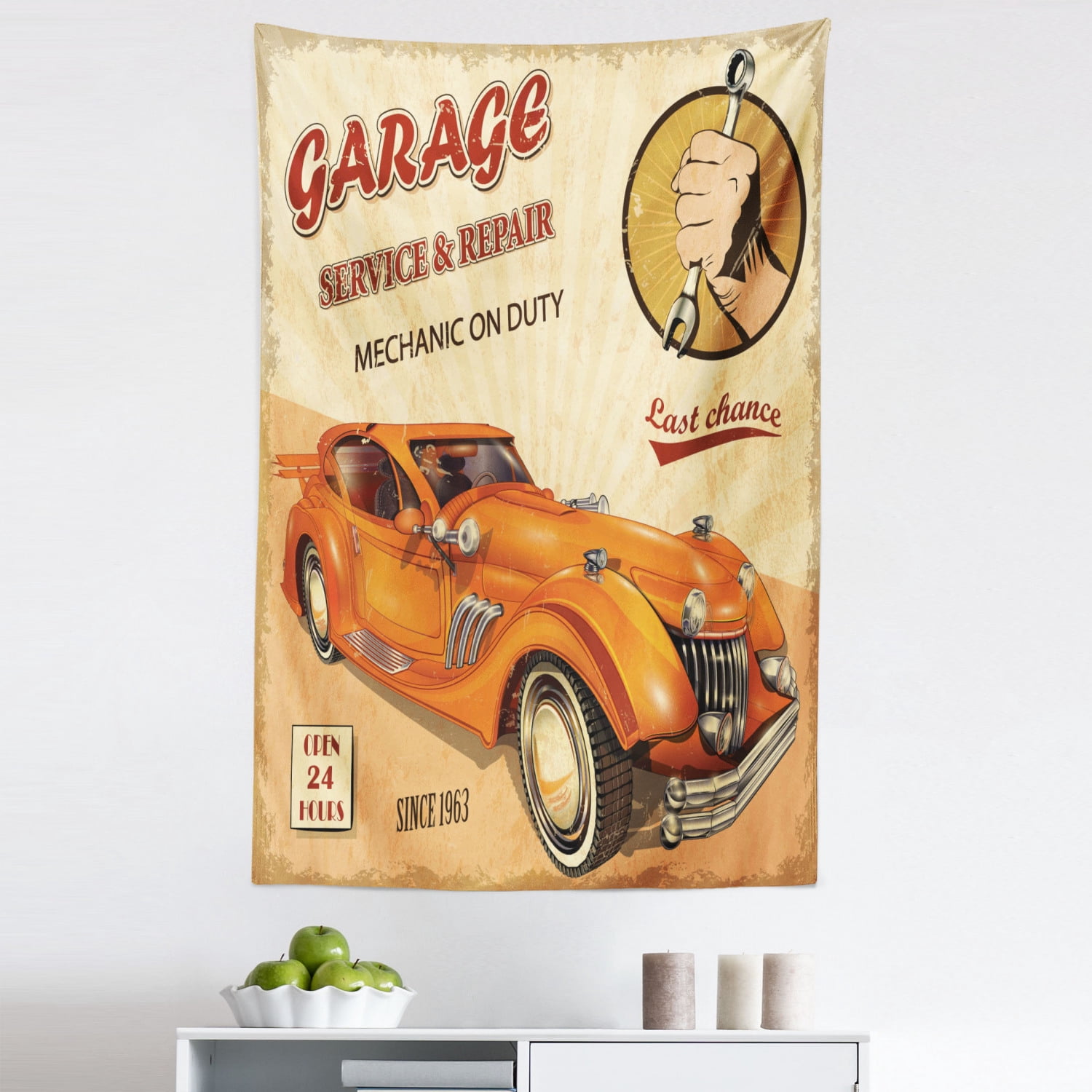 Retro Tapestry, Vintage Garage Advertising Worn Print with Engines and ...