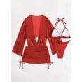 Red 4-Piece Solid Color Bikini Set With Sheer Long Sleeve Cover-Up ...