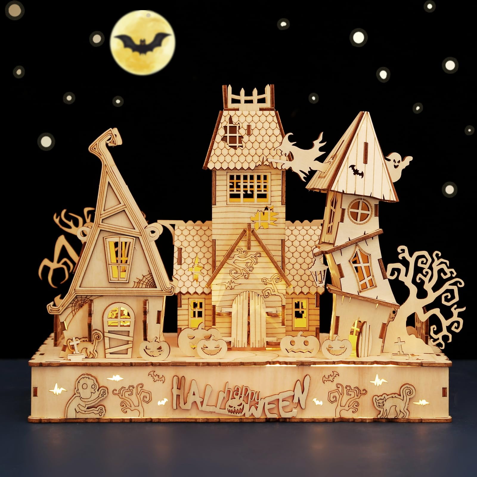 Puzle de madera 3D UGUTER, casa embrujada de Halloween con luces LED ...